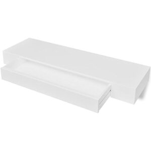 Festnight Floating Shelf with Storage Drawer MDF Wall Display Stand Wall Mounted Collectables DVD Shelf for Living Room, Bedroom, Bathroom, Home Decor White 31.5" x 9.8" x 3.15" (W x D x H)