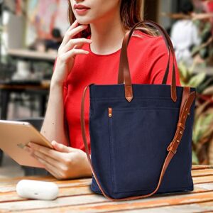 Women Canvas Tote Handbags Casual Shoulder Shopper Work Bag Crossbody (Navy) Medium