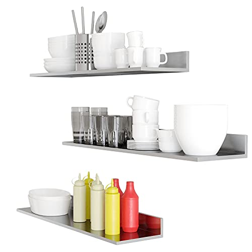 Wallniture Plat Stainless Steel Floating Shelves for Wall, 30.75" Metal Wall Shelves for Restaurant, Bar, Cafe, Kitchen Organization and Storage, Silver Set of 3