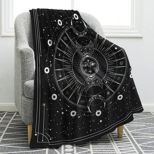 Jekeno Sun Moon Blanket Stars Space Psychedelic Black and White Print Throw Blanket for Couch Bed Sofa Travelling Camping for Kids Adults 50"x60"