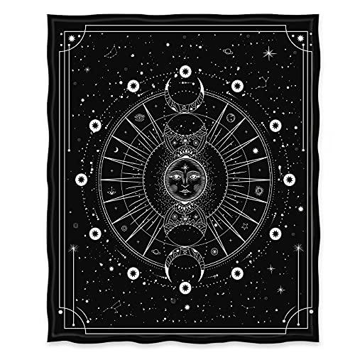 Jekeno Sun Moon Blanket Stars Space Psychedelic Black and White Print Throw Blanket for Couch Bed Sofa Travelling Camping for Kids Adults 50"x60"