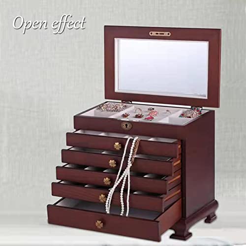 SHELYEXIEN Large Jewelry Box wooden withLockable 6 Drawers Mirror Jewelry Gift Box Ring Necklace Earrings Bracelets Holder for Women Girls