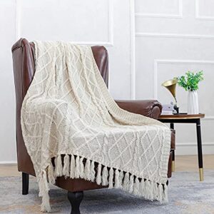 Solid Soft Cozy Cable Knitted Blanket Throw, Lightweight Decorative Textured Cream Throw Blanket with Fringes for Couch Chairs Bed Sofa,Beige, 50"x 60"