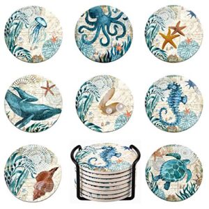 lumuasky set of 8 absorbent drink coasters with holder, sea ocean life coastal beach tropical theme for housewarming apartment kitchen room bar decor, cork base