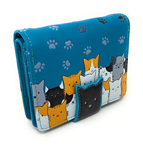 Shag Wear Kitty Cat Crowd Medium Wallet for Women Teal 4.5"