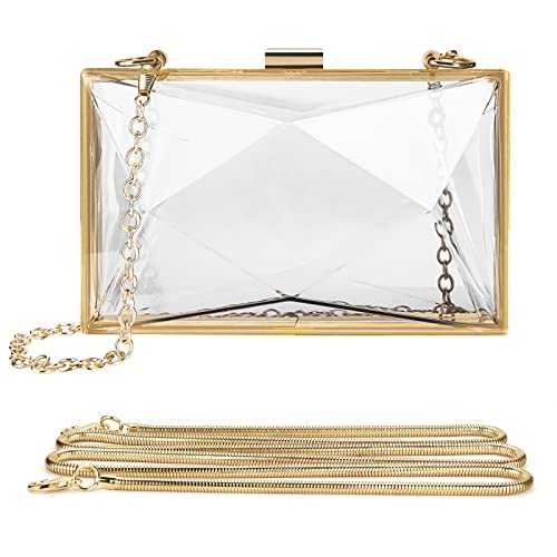 Women Clear Purse, Acrylic Box Evening Clutch Bag, Transparent Rhombus Lady Party Wedding Crossbody Shoulder Handbag (Gold)