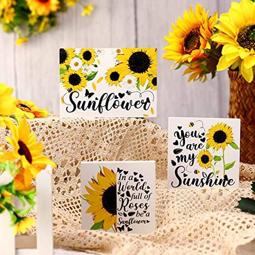 3 Pieces Tiered Tray Wood Signs Farmhouse Tray Decor Blank Wooden Table Sign Inspired Summer Fall Decor Rustic Mini Wood Kitchen Signs (Sunflower Style)