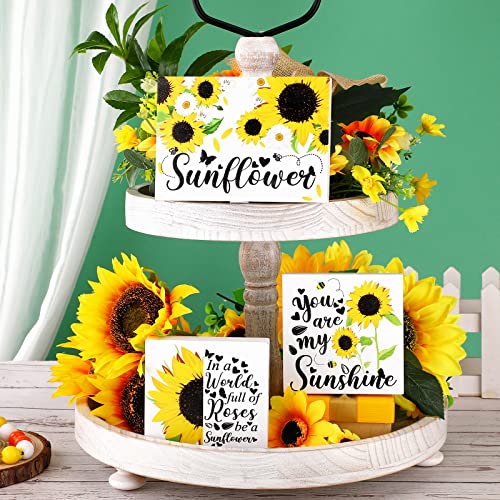 3 Pieces Tiered Tray Wood Signs Farmhouse Tray Decor Blank Wooden Table Sign Inspired Summer Fall Decor Rustic Mini Wood Kitchen Signs (Sunflower Style)