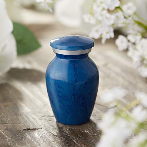 Reminded Small Cremation Memorial Urn for Human Ashes, Blue Mini Keepsake with Velvet Case