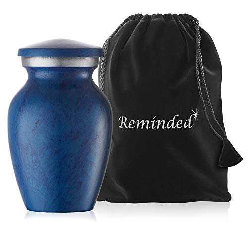 Reminded Small Cremation Memorial Urn for Human Ashes, Blue Mini Keepsake with Velvet Case