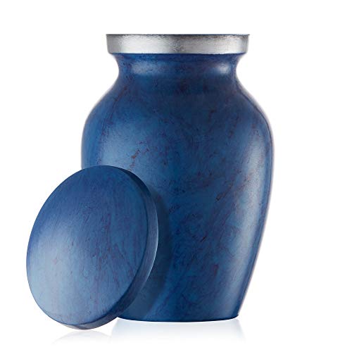 Reminded Small Cremation Memorial Urn for Human Ashes, Blue Mini Keepsake with Velvet Case