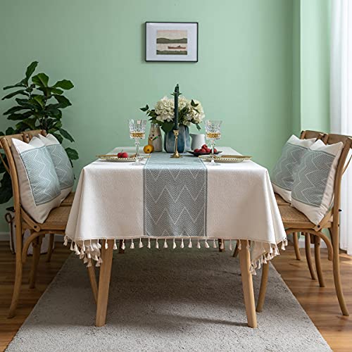 Neelvin Rectangle Square Tablecloths Knitted Embroidery Textured Tassel Cotton Linen Decorative Oblong Table Cover for Kitchen Dining Room Picnic (55x118 Inch,Green)