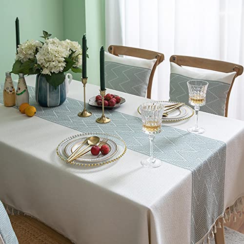 Neelvin Rectangle Square Tablecloths Knitted Embroidery Textured Tassel Cotton Linen Decorative Oblong Table Cover for Kitchen Dining Room Picnic (55x118 Inch,Green)