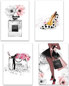 lodintech fashion canvas wall art girls bedroom wall decor pink flower perfume unframed art prints fashion posters living room women office decorations makeup brush high heels paintings,8×12” 4pcs