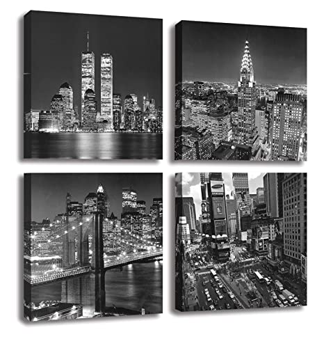 New York City Canvas Wall Art Print Black and White Brooklyn Bridge,Empire State Building Wall Art Modern Giclee Artwork for Office Home Decor 14x 14inch