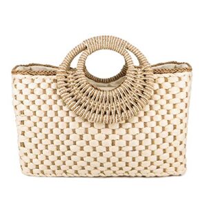 qtkj women summer retro straw bag with zip hand-woven beach handbag top round handle boho tote bag shopping and travel large bag (beige 2)