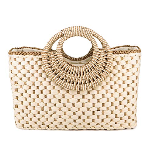 QTKJ Women Summer Retro Straw Bag with Zip Hand-woven Beach Handbag Top Round Handle Boho Tote Bag Shopping and Travel Large Bag (Beige 2)