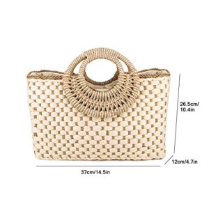 QTKJ Women Summer Retro Straw Bag with Zip Hand-woven Beach Handbag Top Round Handle Boho Tote Bag Shopping and Travel Large Bag (Beige 2)