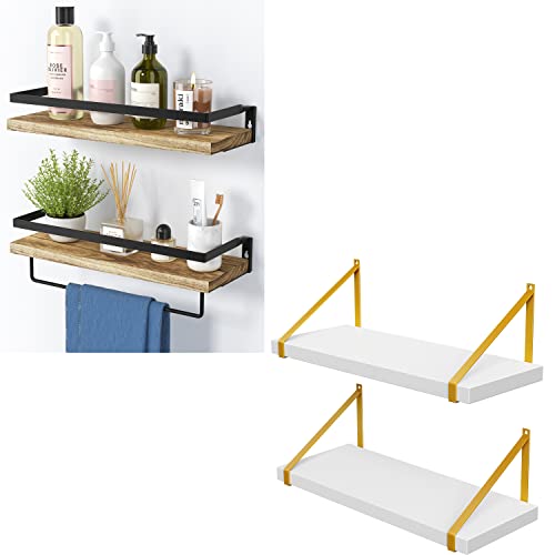 AMADA HOMEFURNISHING Rustic Floating Shelves Wall Mounted Bundled with White Floating Shelves with Gold Brackets