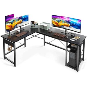 coleshome l shaped computer desk 66″ with storage shelves, corner gaming desk, sturdy writing desk workstation, modern wooden desk office desk, wood & metal, black