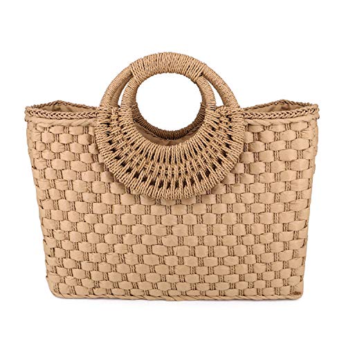 QTKJ Women Summer Retro Straw Bag with Zip Hand-woven Beach Handbag Top Round Handle Boho Tote Bag Shopping and Travel Large Bag (Khaki)