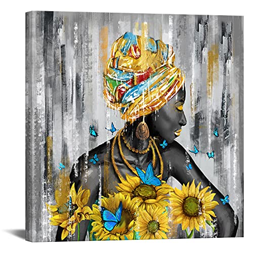 African American Wall Art Canvas Prints Black Woman Oil Painting Sunflower Butterfly Poster Picture Abstract Girl Portrait Modern Home Decor for Bedroom Living Room Ready to Hang 24x24Inch