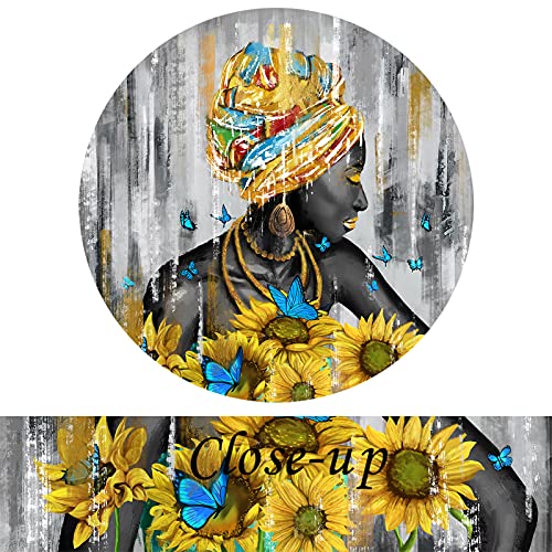 African American Wall Art Canvas Prints Black Woman Oil Painting Sunflower Butterfly Poster Picture Abstract Girl Portrait Modern Home Decor for Bedroom Living Room Ready to Hang 24x24Inch