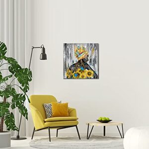 African American Wall Art Canvas Prints Black Woman Oil Painting Sunflower Butterfly Poster Picture Abstract Girl Portrait Modern Home Decor for Bedroom Living Room Ready to Hang 24x24Inch