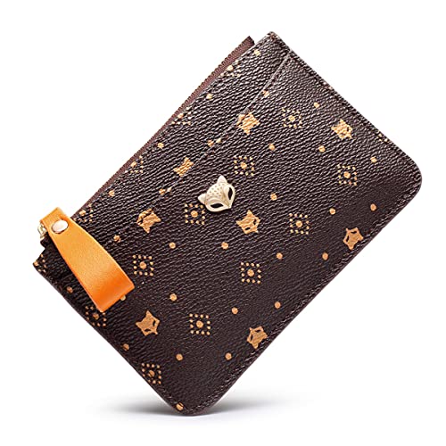 Artificial PVC Leather Credit Card Holder Wallet for Women Ladies Coin Purses Womens Small Signature Wallets Mini Female Monogram Zipper Wallet (Brown)