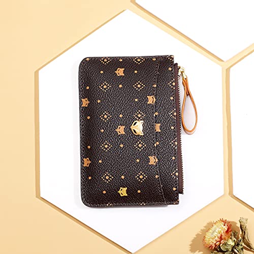 Artificial PVC Leather Credit Card Holder Wallet for Women Ladies Coin Purses Womens Small Signature Wallets Mini Female Monogram Zipper Wallet (Brown)