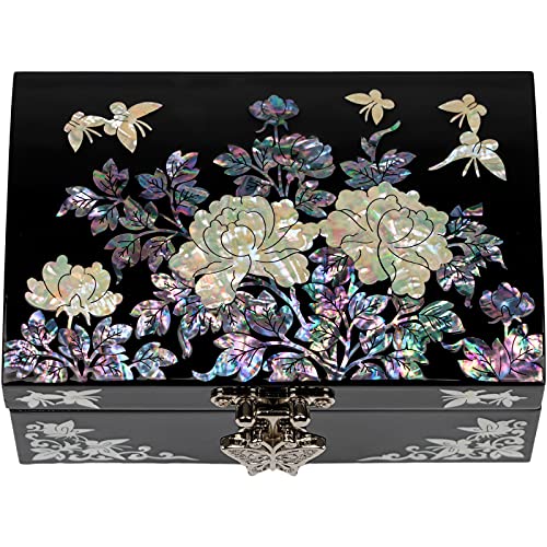 February Mountain Mother of Pearl Small Jewelry Box with mirror lid, Jewelry Storage Organizer for Earring, Necklace, Rings, Bracelet & Accessories Gift ideas for women who have everything (Black)