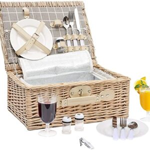 Wicker Picnic Basket for 2 Persons, Willow Picnic Set with Insulated Liner for Picnic, Camping, Outdoor, Valentine Day, Chirtmas, Thanks Giving, Birthday.