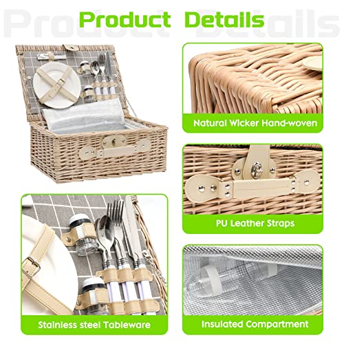 Wicker Picnic Basket for 2 Persons, Willow Picnic Set with Insulated Liner for Picnic, Camping, Outdoor, Valentine Day, Chirtmas, Thanks Giving, Birthday.