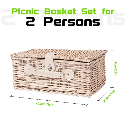 Wicker Picnic Basket for 2 Persons, Willow Picnic Set with Insulated Liner for Picnic, Camping, Outdoor, Valentine Day, Chirtmas, Thanks Giving, Birthday.