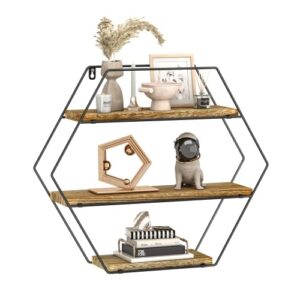 tfer floating shelves wall mounted hanging shelf hexagon rustic farmhouse shelves for wall decor,storage | metal bracket and reclaimed natural wood shelf for living room,bedroom,bathroom,kitchen