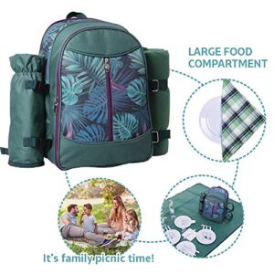 Picnic Backpack for 4 Person, Large Picnic Bag Set with Cooler Compartment, Wine Bag, Picnic Blanket for Camping, Day Travel, Hiking, BBQs, Family or Wedding Gifts (Green)