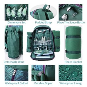 Picnic Backpack for 4 Person, Large Picnic Bag Set with Cooler Compartment, Wine Bag, Picnic Blanket for Camping, Day Travel, Hiking, BBQs, Family or Wedding Gifts (Green)