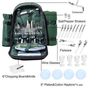 Picnic Backpack for 4 Person, Large Picnic Bag Set with Cooler Compartment, Wine Bag, Picnic Blanket for Camping, Day Travel, Hiking, BBQs, Family or Wedding Gifts (Green)