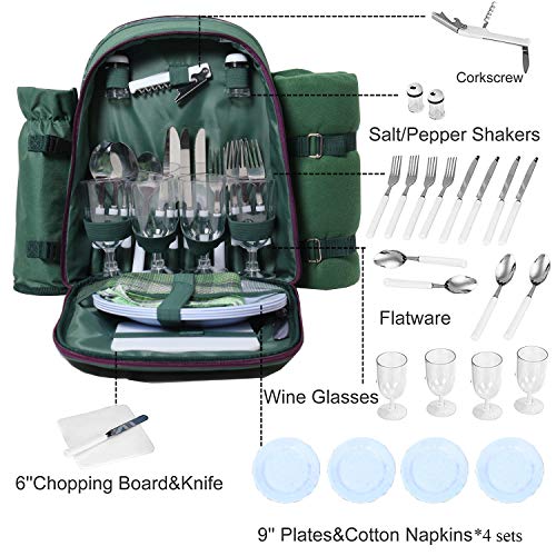 Picnic Backpack for 4 Person, Large Picnic Bag Set with Cooler Compartment, Wine Bag, Picnic Blanket for Camping, Day Travel, Hiking, BBQs, Family or Wedding Gifts (Green)