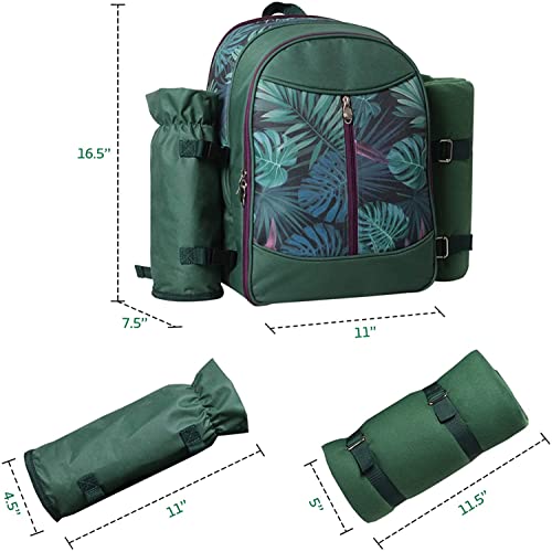 Picnic Backpack for 4 Person, Large Picnic Bag Set with Cooler Compartment, Wine Bag, Picnic Blanket for Camping, Day Travel, Hiking, BBQs, Family or Wedding Gifts (Green)