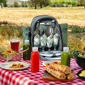 Picnic Backpack for 4 Person, Large Picnic Bag Set with Cooler Compartment, Wine Bag, Picnic Blanket for Camping, Day Travel, Hiking, BBQs, Family or Wedding Gifts (Green)