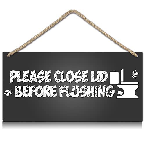 IARTTOP Bathroom Wood Sign-12.5x25cm,Toilet Warning Sign Wooden Plaque Hanging Wall Art ,Please Close Lid Before Flushing Hanging Washroom Bathroom Toilet Home Decoration