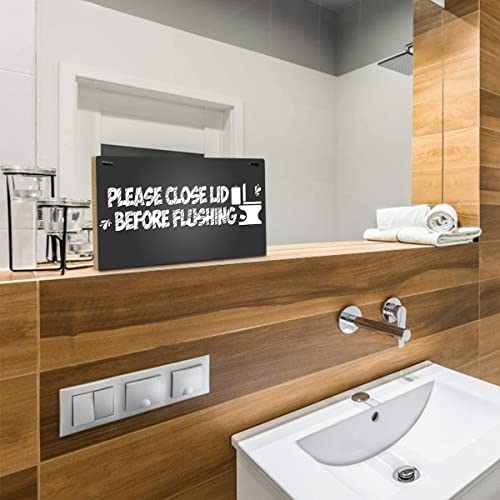 IARTTOP Bathroom Wood Sign-12.5x25cm,Toilet Warning Sign Wooden Plaque Hanging Wall Art ,Please Close Lid Before Flushing Hanging Washroom Bathroom Toilet Home Decoration