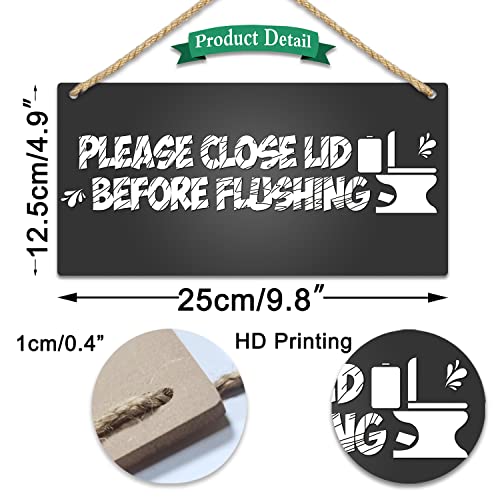 IARTTOP Bathroom Wood Sign-12.5x25cm,Toilet Warning Sign Wooden Plaque Hanging Wall Art ,Please Close Lid Before Flushing Hanging Washroom Bathroom Toilet Home Decoration