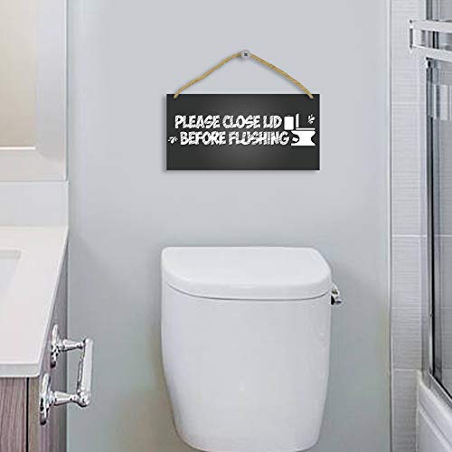 IARTTOP Bathroom Wood Sign-12.5x25cm,Toilet Warning Sign Wooden Plaque Hanging Wall Art ,Please Close Lid Before Flushing Hanging Washroom Bathroom Toilet Home Decoration