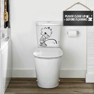 IARTTOP Bathroom Wood Sign-12.5x25cm,Toilet Warning Sign Wooden Plaque Hanging Wall Art ,Please Close Lid Before Flushing Hanging Washroom Bathroom Toilet Home Decoration