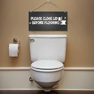 IARTTOP Bathroom Wood Sign-12.5x25cm,Toilet Warning Sign Wooden Plaque Hanging Wall Art ,Please Close Lid Before Flushing Hanging Washroom Bathroom Toilet Home Decoration