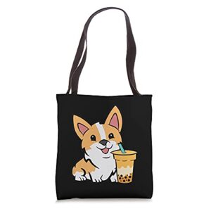 corgi dog with bubble tea boba tea tote bag