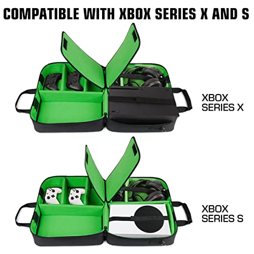 USA GEAR Xbox Series X Carrying Case - Xbox Series X Travel Case Compatible with Xbox Series X Console & Xbox Series S - Customizable Interior for Xbox Controllers & More Gaming Accessories (Green)