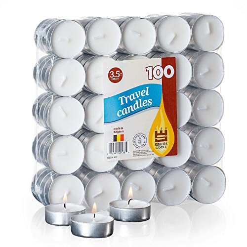 Unscented Tea Lights Candles | 100 Pack, 3.5 Hour Long Burn Time | Smokeless and Dripless White Tealight Candles | Small Tea Candles for Home, Travel, Weddings, Shabbat, & Emergencies